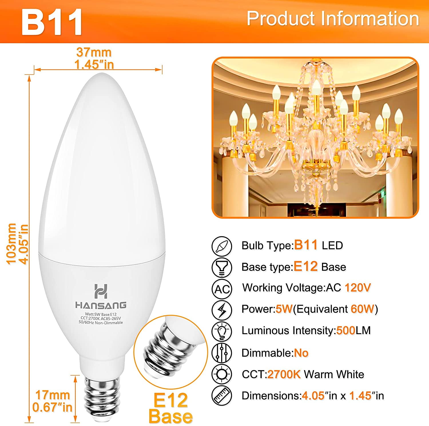 UKLL-LED Ceililng Fan Light Bulbs Warm White 2700K E12 Candelabra Base ...