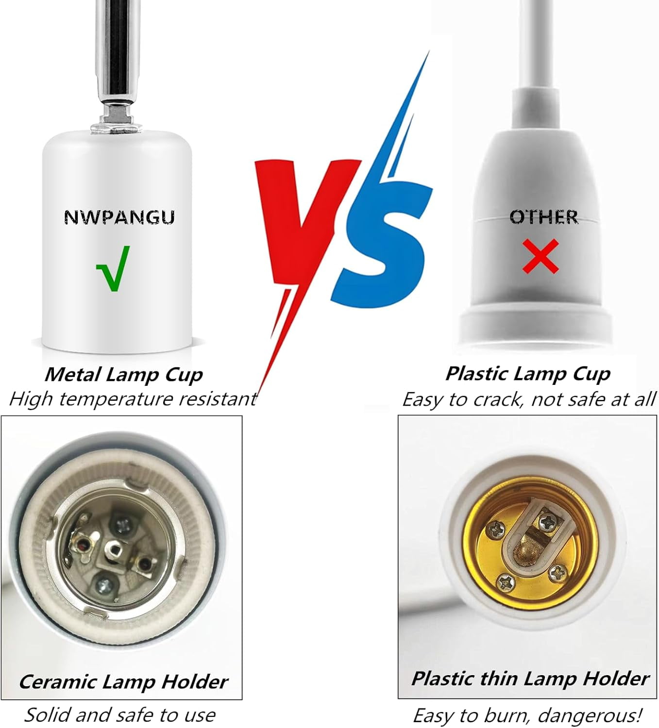 UKLL-Light Socket Extender E26 Metal & Ceramic Light Sockets Extension,180°Bendable Light Socket ...