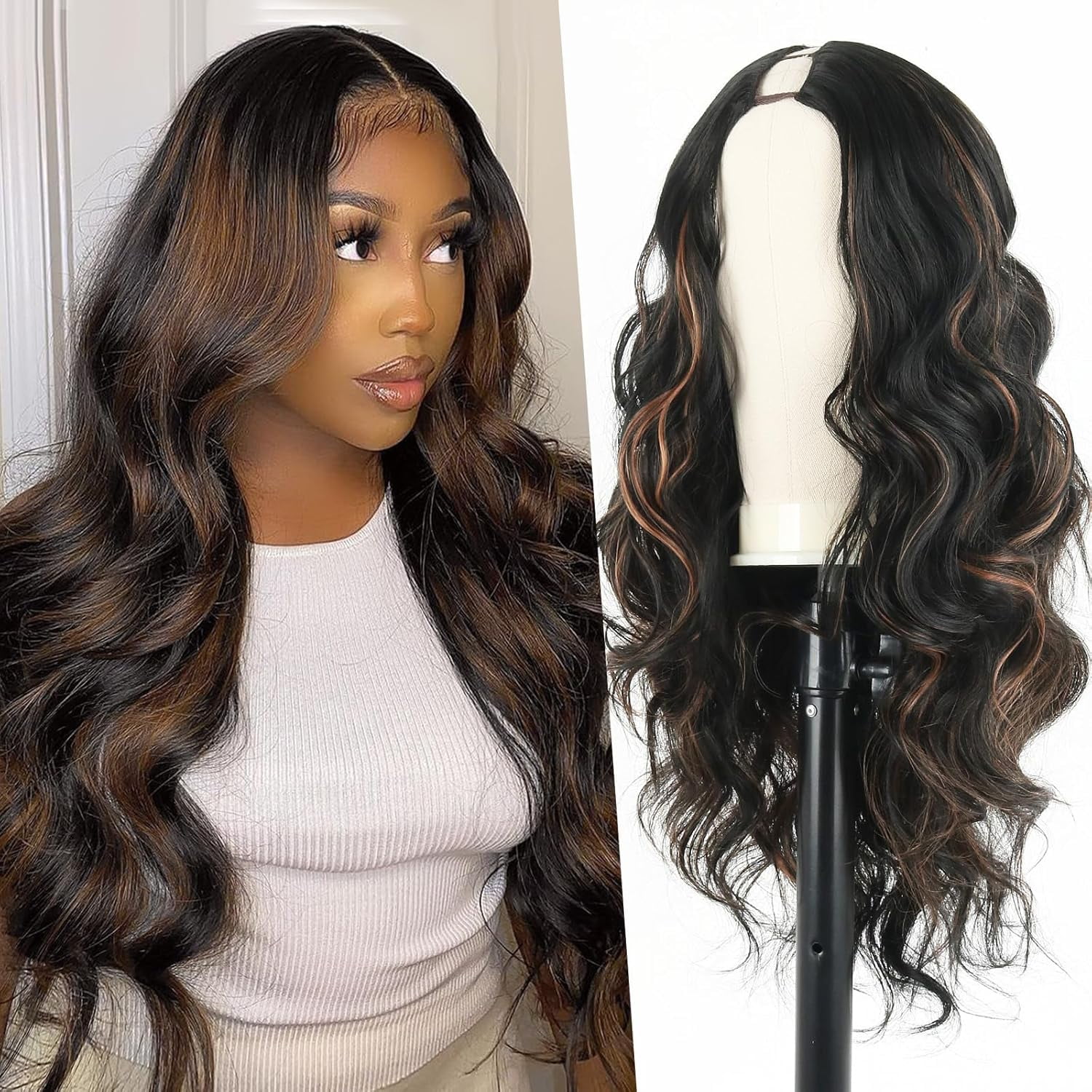 UKLL-Long V Part Body Wavy Wig With Black With Highlight Brown Upgrade U Part Synthetic Water ...