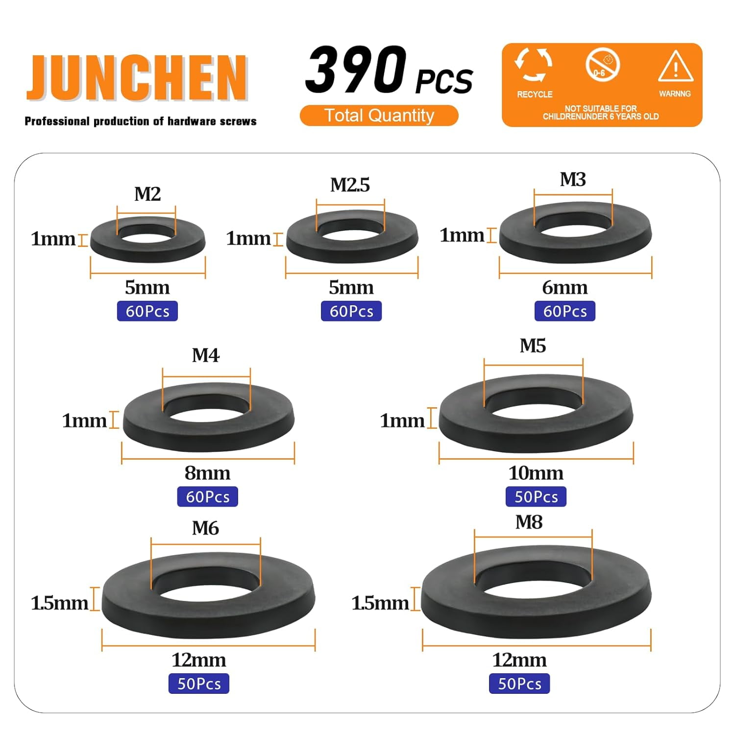 UKLL-M2-M8 Nylon Spacers Washers,390pcs Black Flat Washers,M2 M2.5 M3 ...