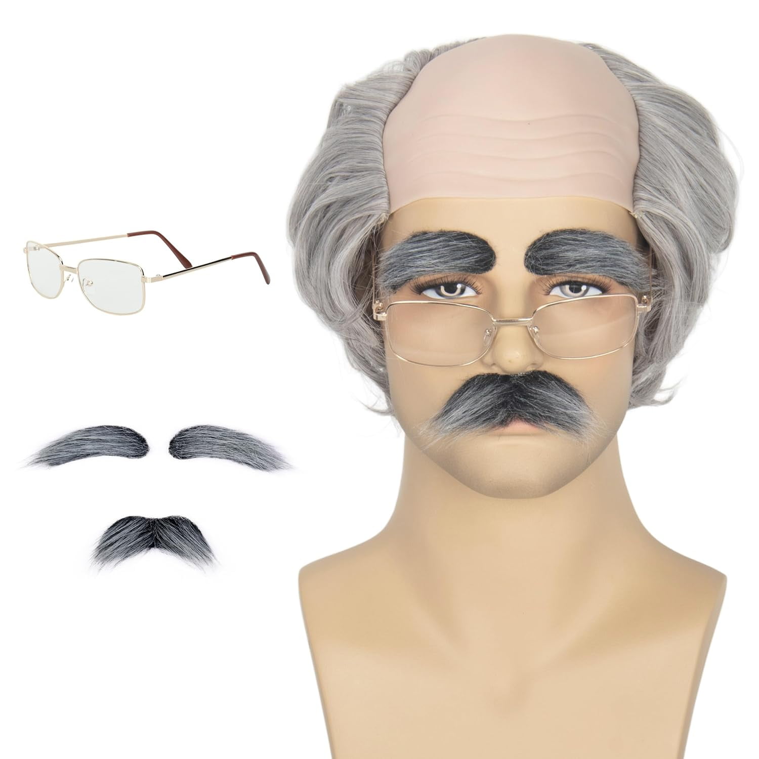 UKLL-Old Man Wig with Mustache Glasses Short Grey Bald Cap with Side ...