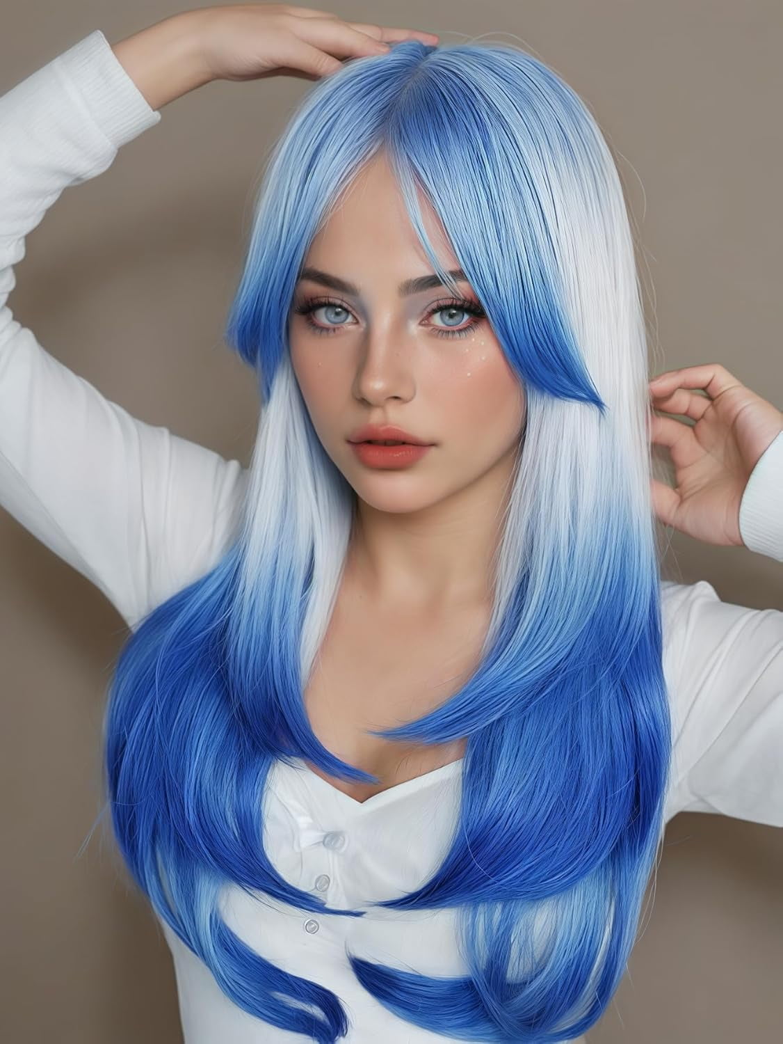UKLL-Ombre Blue Silver Wig with Curtain Bangs Long Layered Wavy Silver ...
