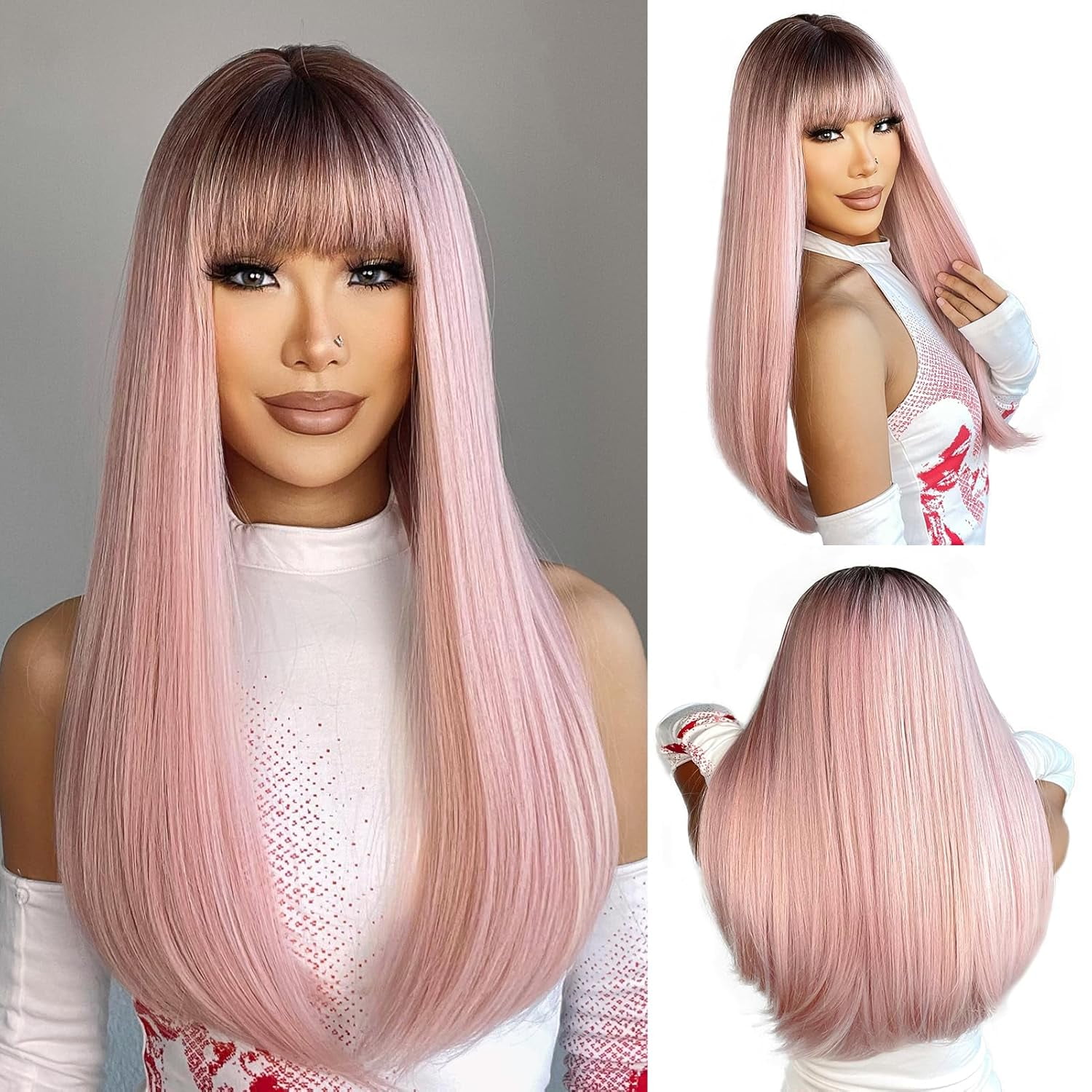 UKLL-Ombre Pink Wig with Bangs Long Straight Mixed Pink Wigs for Women ...