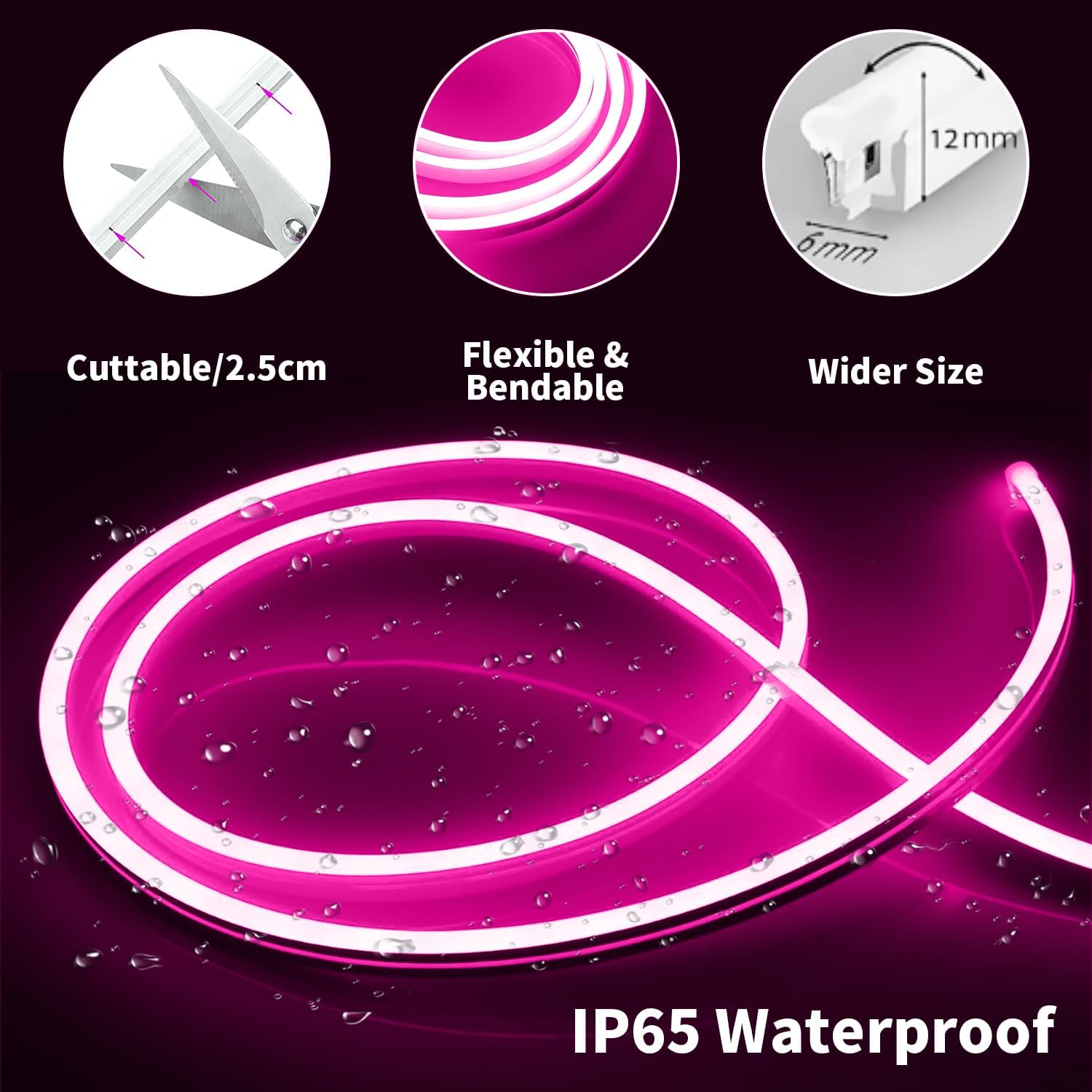 UKLL-Pink LED Strip Lights, 16.4ft Neon Rope Lights with Adapter, 12V ...