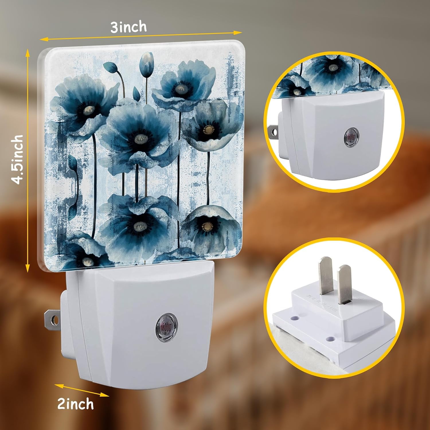 UKLL-Plug Night Light,Vintage Blue Flower Oil Painting Night Light Lamp ...