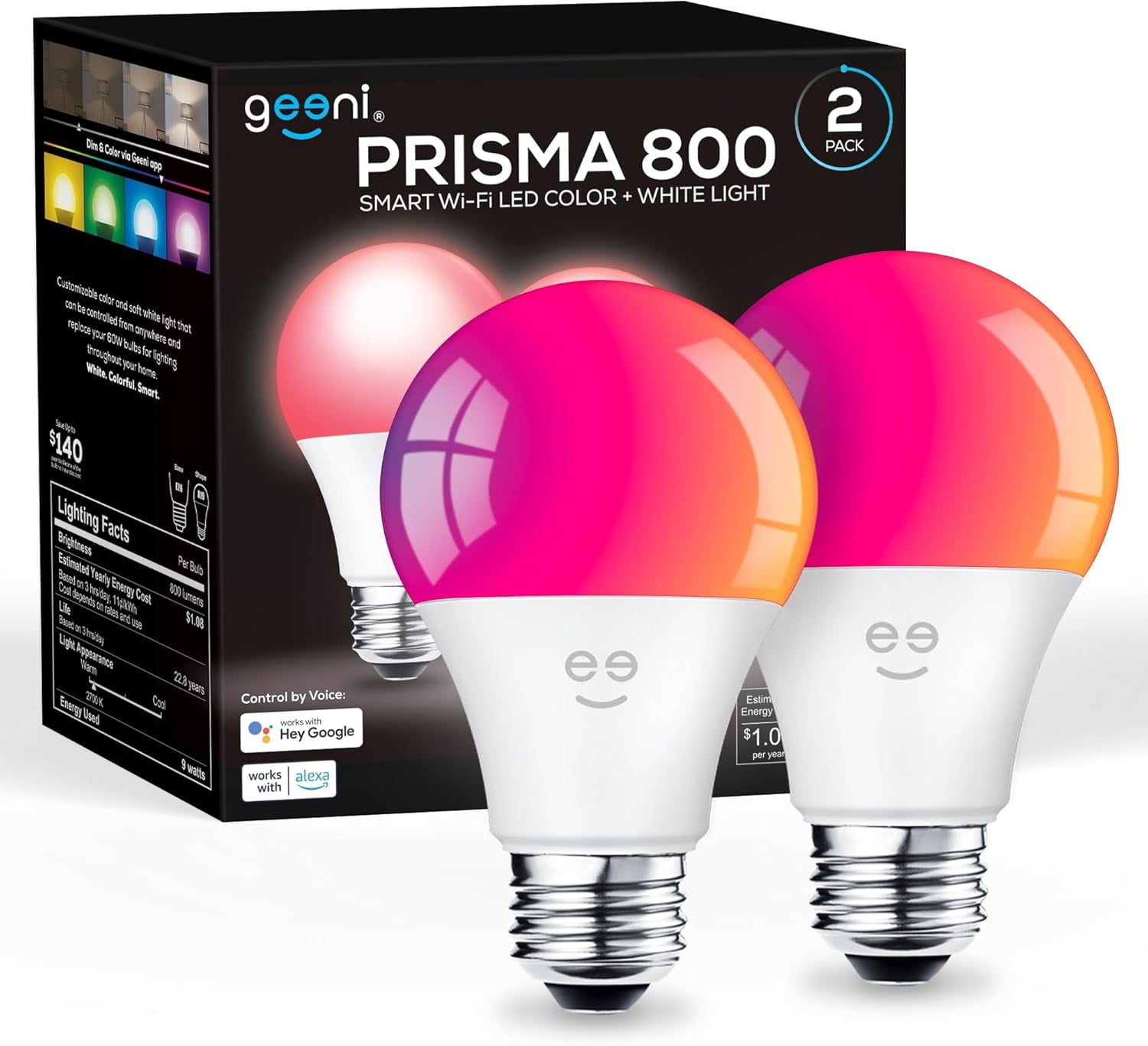 UKLL-Prisma Smart Light Bulbs, 800 Lumens, 2700K Dimmable, A19, 60W ...