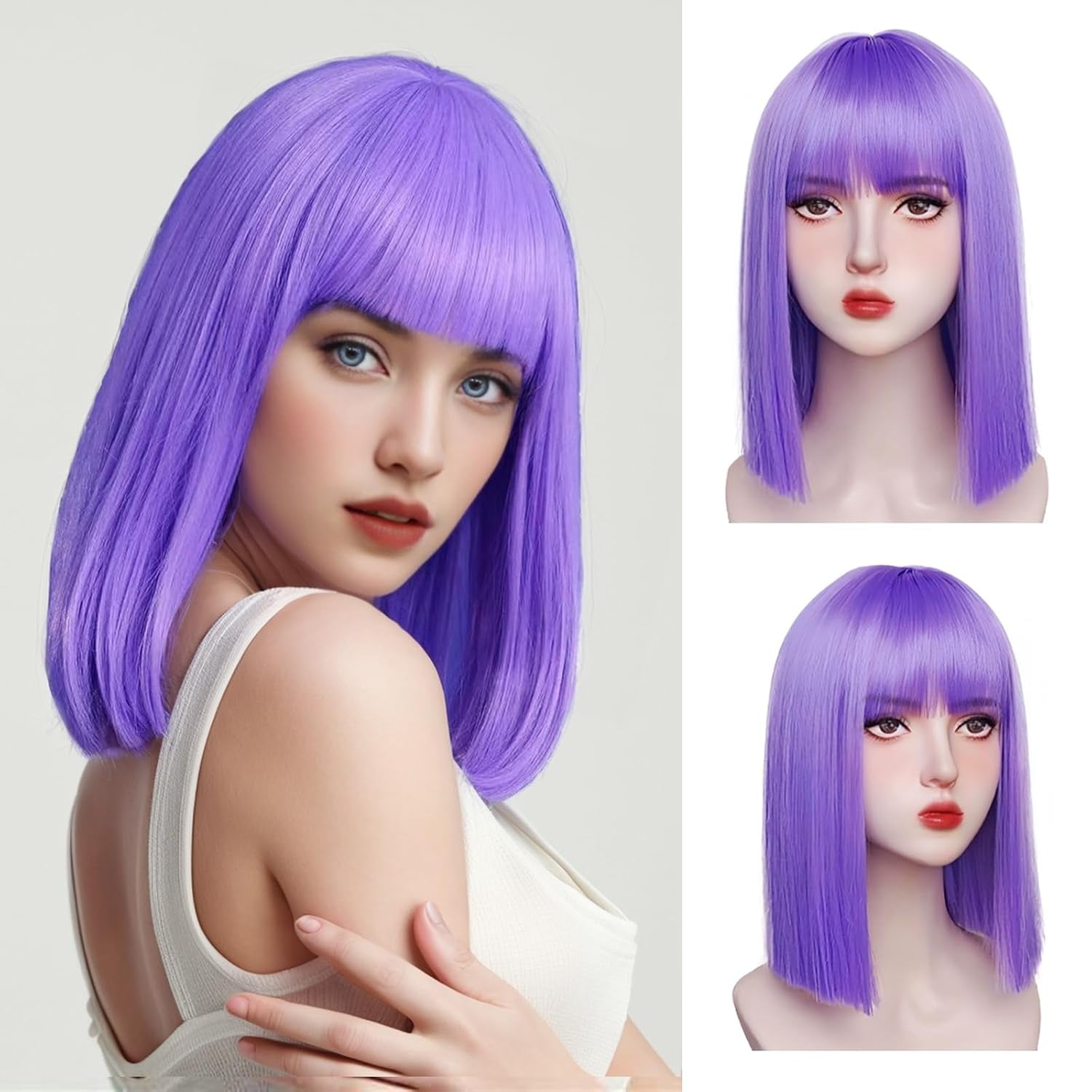 UKLL-Purple Bob Wig with Bangs Short Lavender Purple Straight wig for ...
