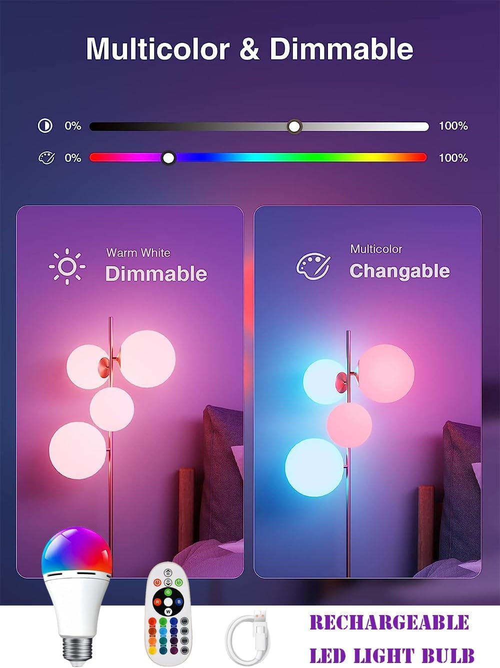 UKLL-Rechargeable Battery Operated Light Bulb,E26 Dimmable Color Light ...