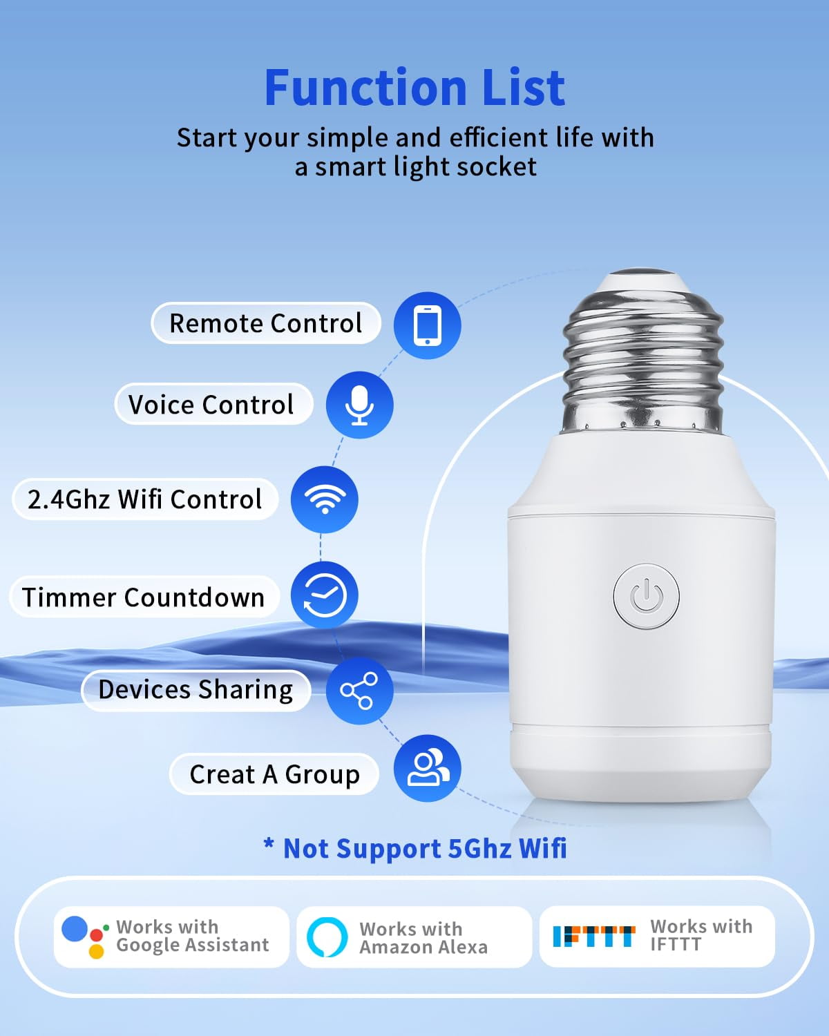 UKLL-Remote Control Light Socket with Wifi(2.4G Only), Smart WiFi & Bluetooth & RF433 E26 E27 ...