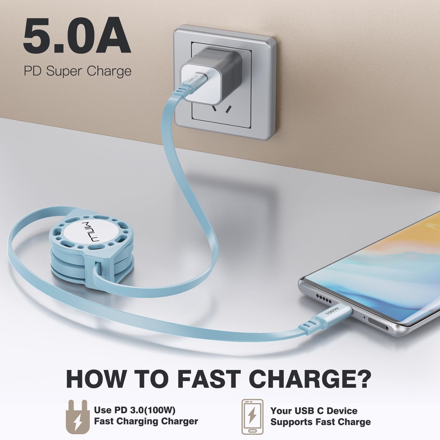 UKLL-Retractable USB C to USB C Cable(4FT, 2Pack),100W USB Type C to C ...