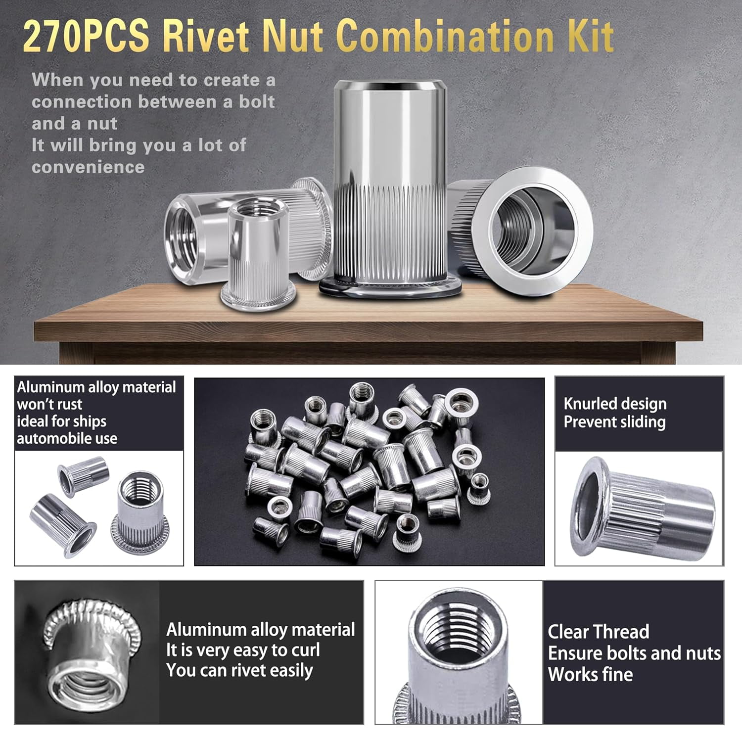 UKLL-Rivet Nut Assortment Kit, 270 PCS Recessed Rivet Nuts, Rivet Nut ...