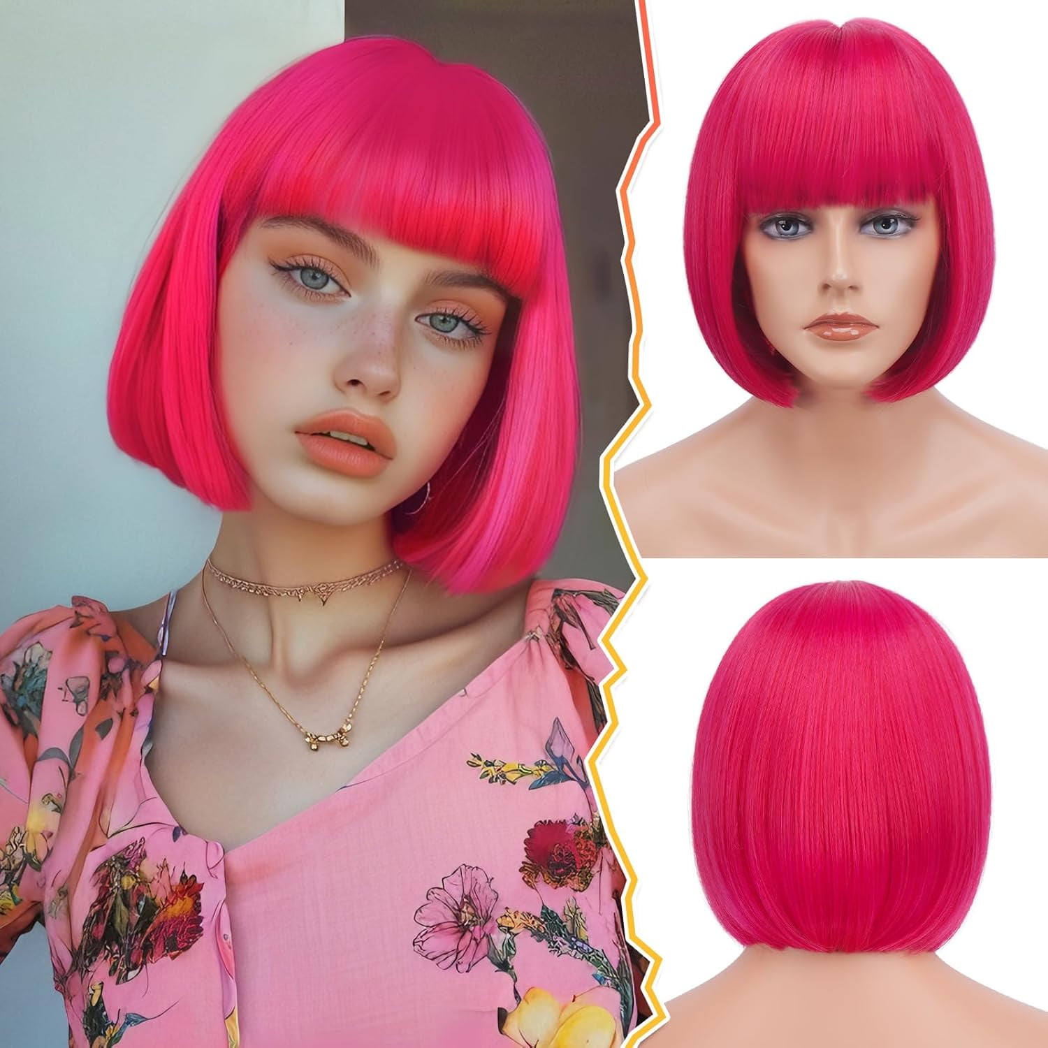 UKLL-Short Bob Wig With Bangs - 12 Inch Chin-Length Hot Pink Bob Bangs ...