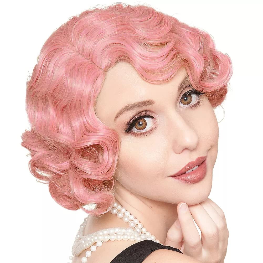 UKLL-Short Pink Curly Wigs for Women 1920S Finger Wave Hair Wig Soft ...