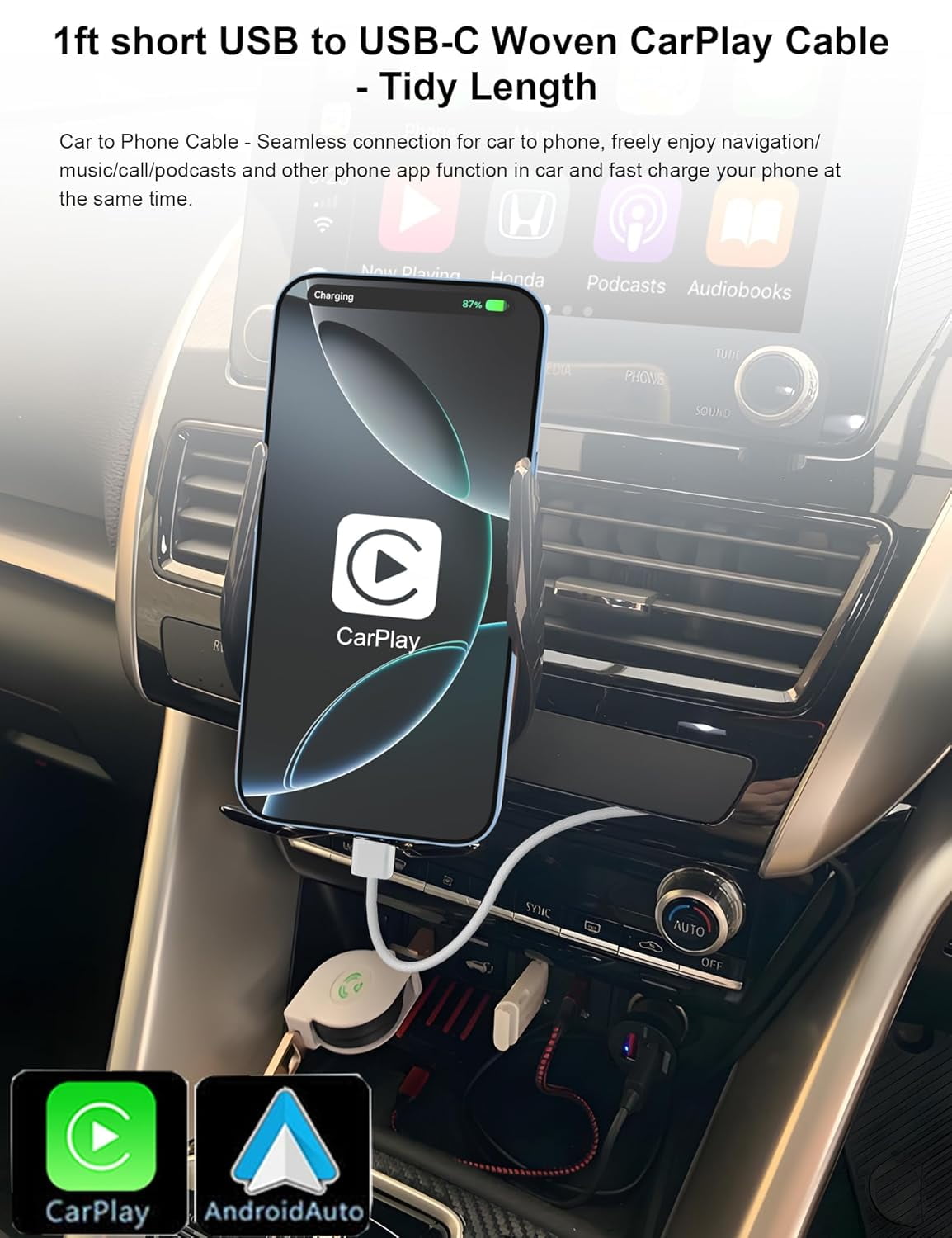 UKLL-Short USB-C Cable for CarPlay Two-Color Braided USB A to USB C ...