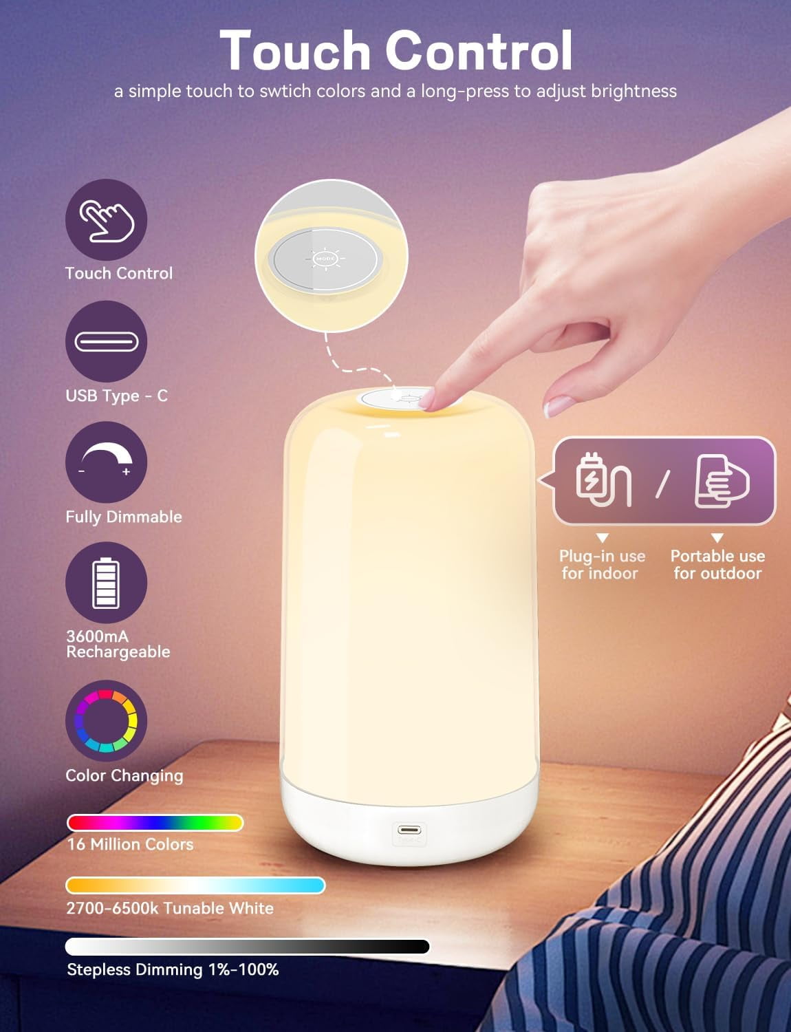 UKLL-Smart Touch Bedside Table Lamp [Multi-Color & Warm Lights], 3600mA ...
