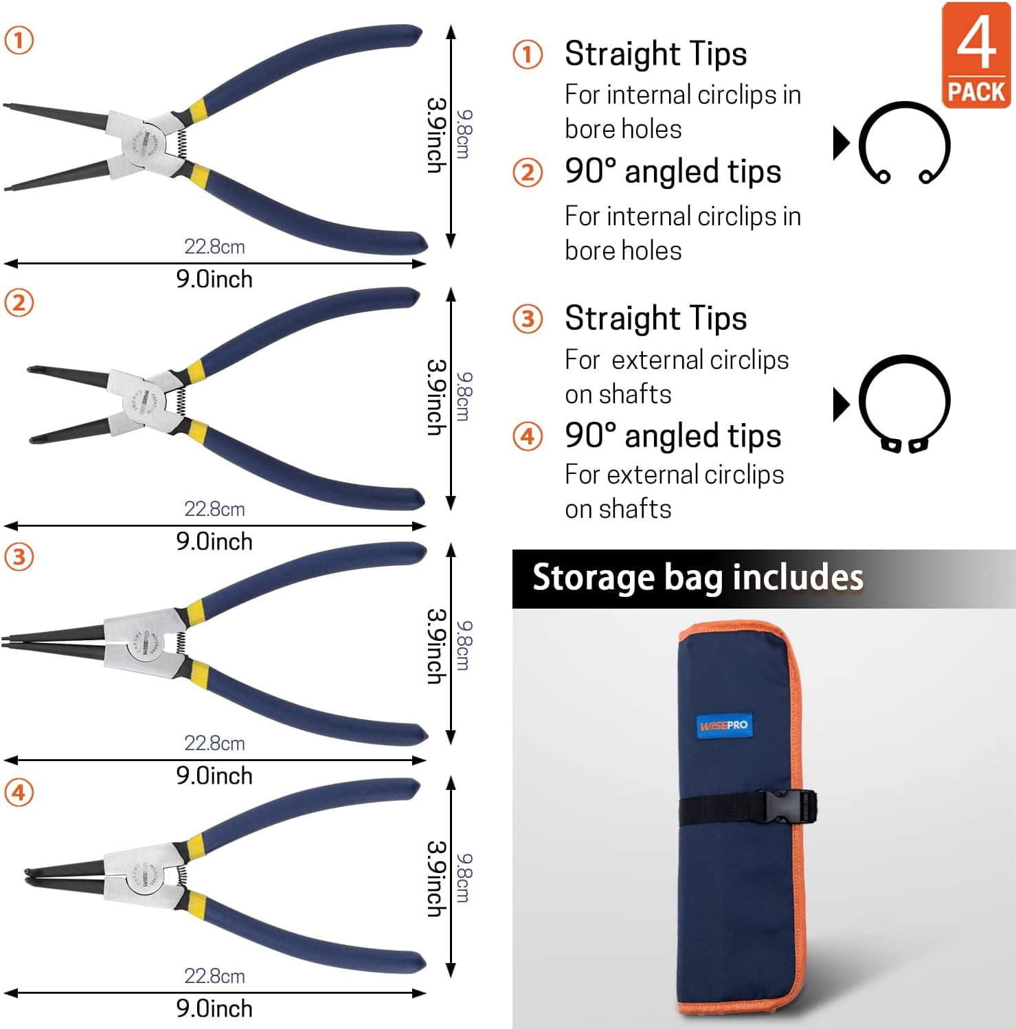 UKLL-Snap Ring Pliers Set 4 Pieces Heavy Duty 9 Inch Circlip Pliers Kit ...