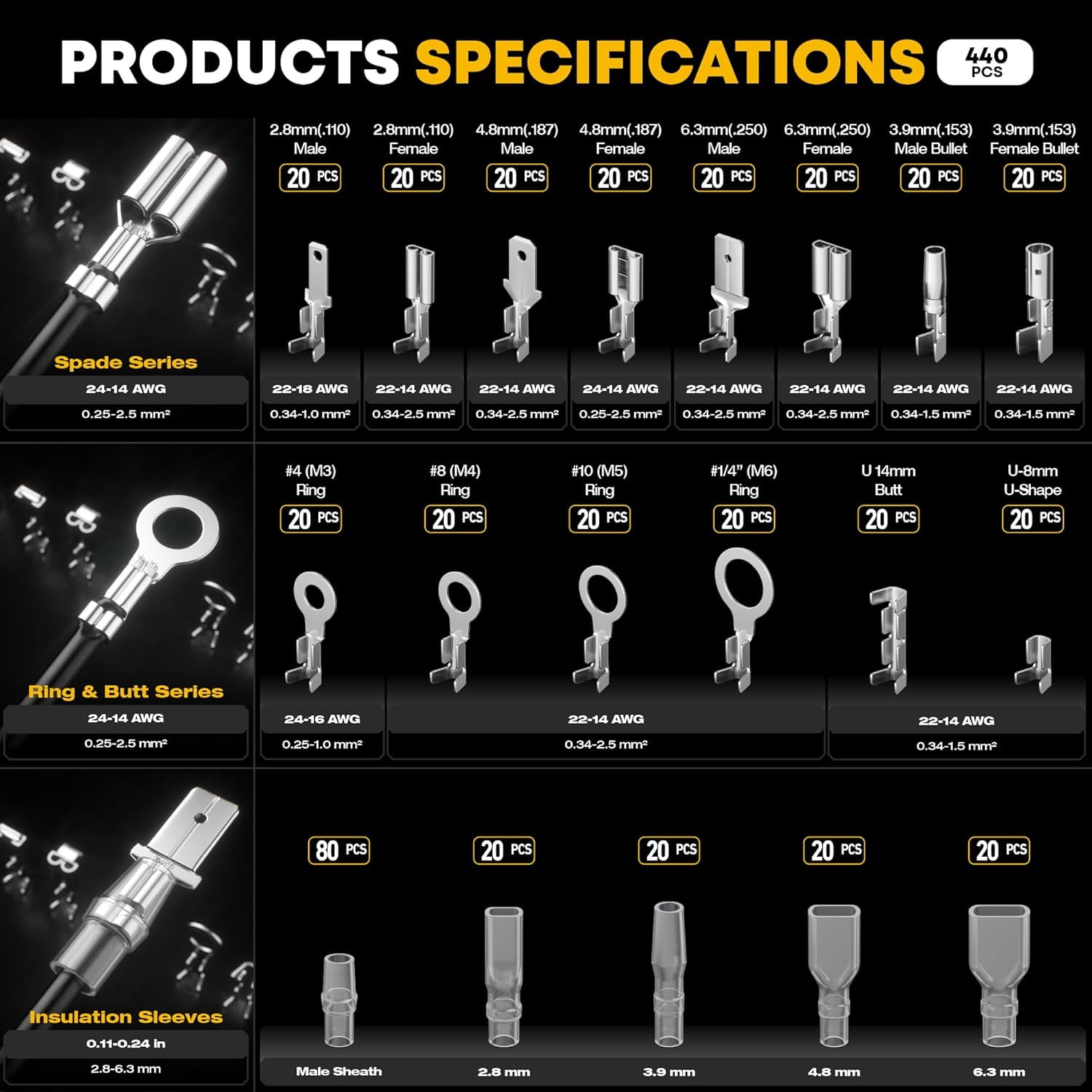 UKLL-Spade Connector Kit, 14 Types Thick Tin-plated copper Wire ...