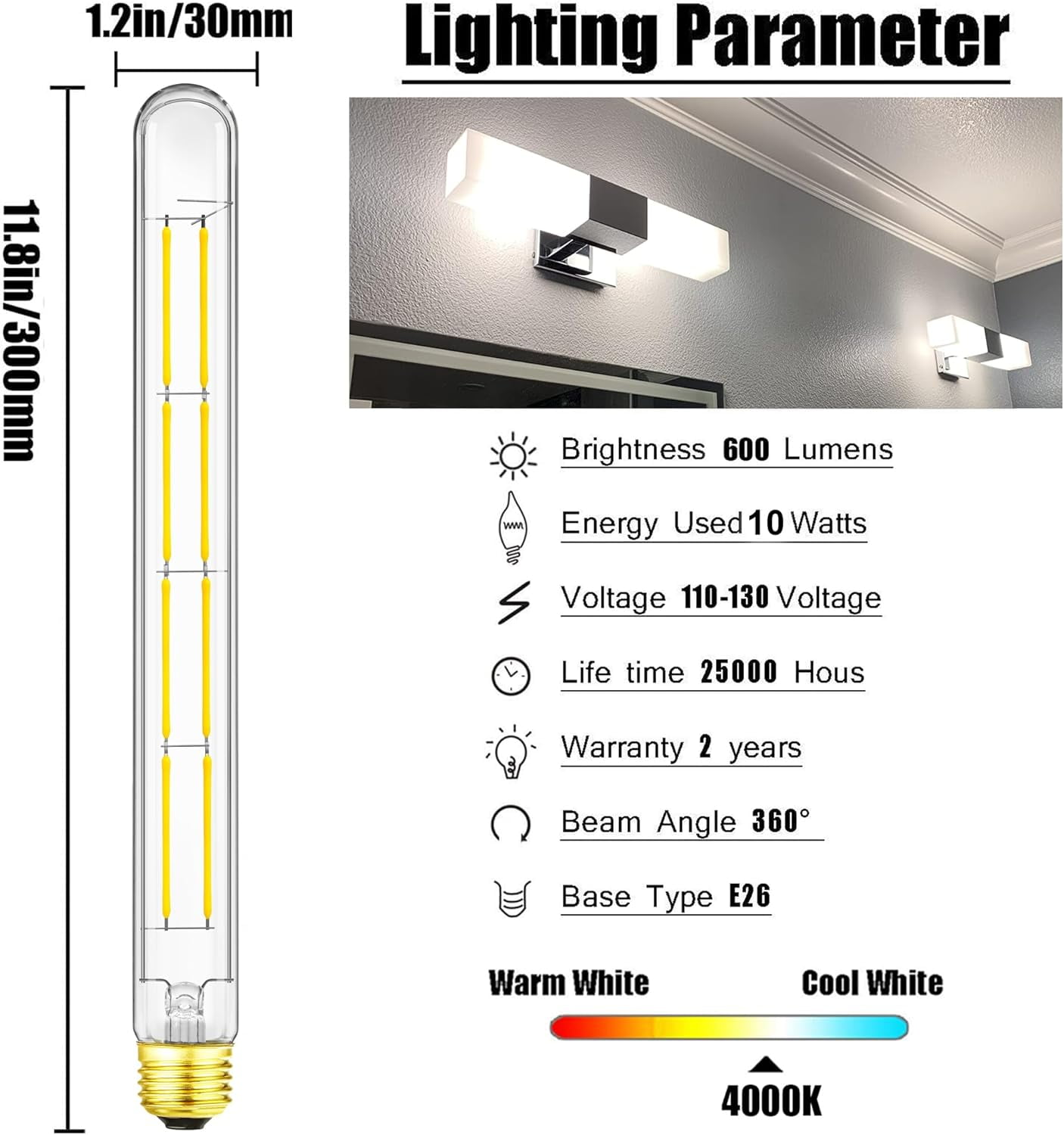UKLL-T300 Led Bulb, 11.8 Inch Long Tubular Led Light Bulbs, 100Watt ...