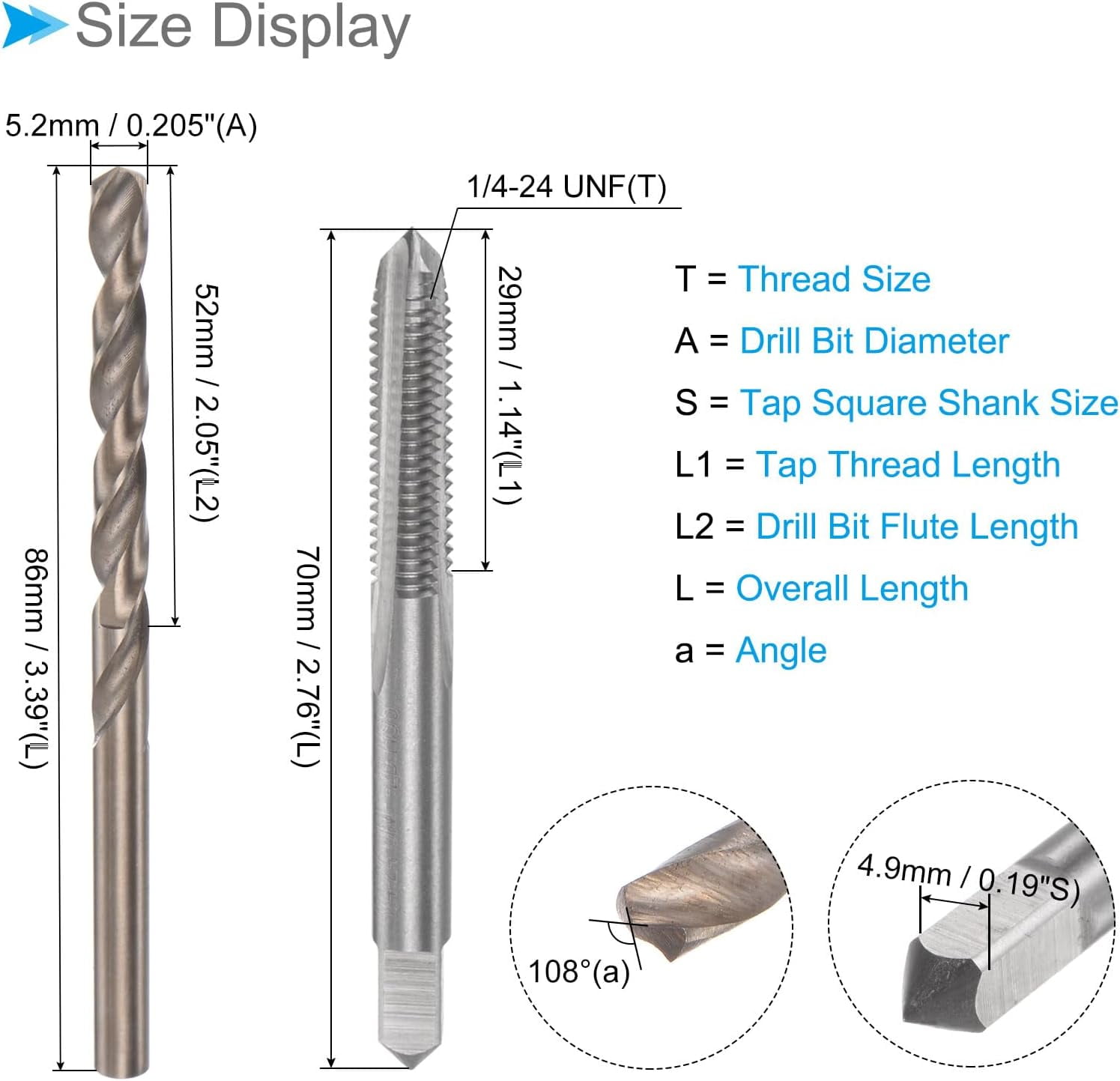 UKLL-Tap and Drill Bit Set, 1/4-24 UNF 2B Tap Thread 5.2mm Drill ...