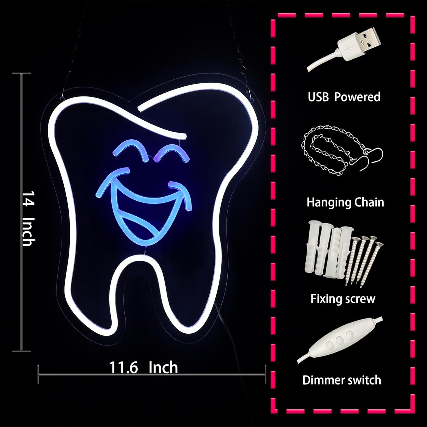 UKLL-Tooth Neon Sign LED Light Dimmable USB Powered Teeth Dentist Neon ...