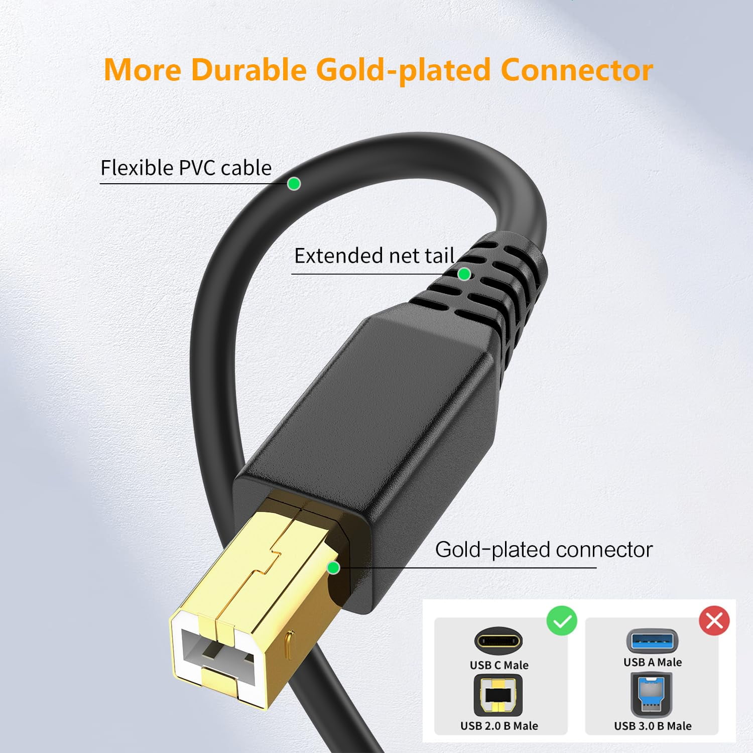 UKLL-USB-B to USB-C Printer Cable 6.6FT, Gold-Plated USB Type C to Type ...