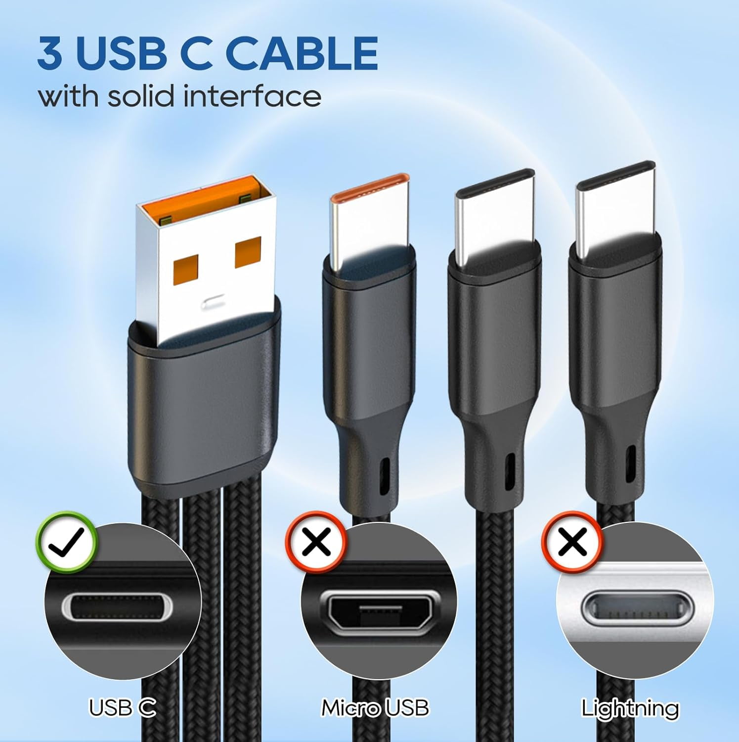 UKLL-USB C Multi Charging Cable, 3 in 1 Braided Nylon USB-C Splitter ...