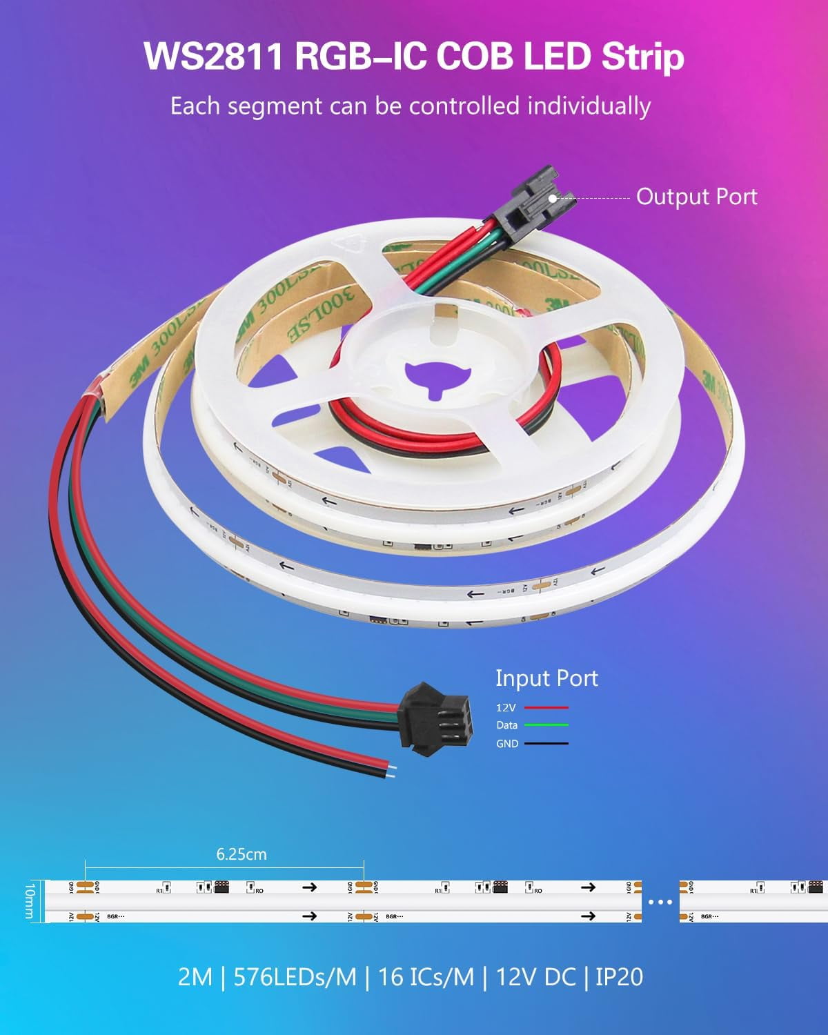 UKLL-WS2811 12V COB LED Strip Lights 6.56ft Addressable RGB IC Smart ...