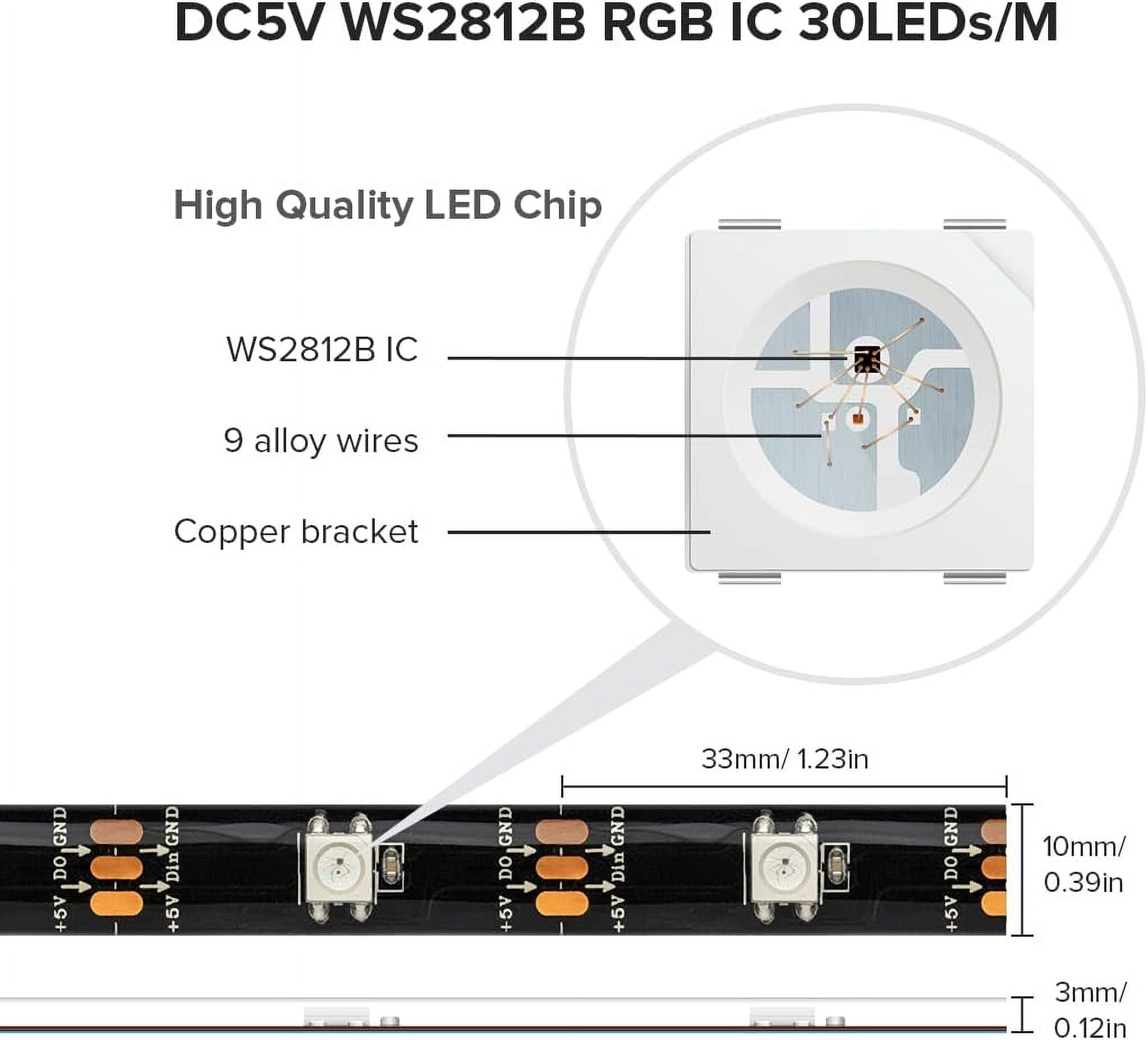 UKLL-WS2812B LED Strip Light 16.4FT 30Pixel/M 150LEDs DC5V Individual ...
