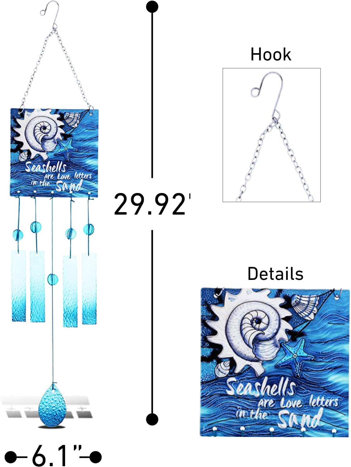 UKLL-Welcome Seashell Hanging Sea Glass Wind Chime 29.92 Inch, Nautical ...