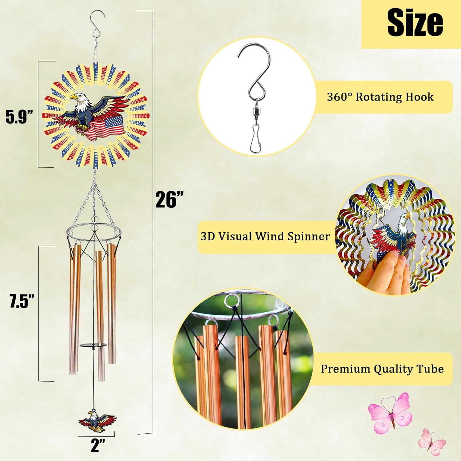 UKLL-Wind Chimes with American Flag Eagle 3D Display Wind Spinner for ...