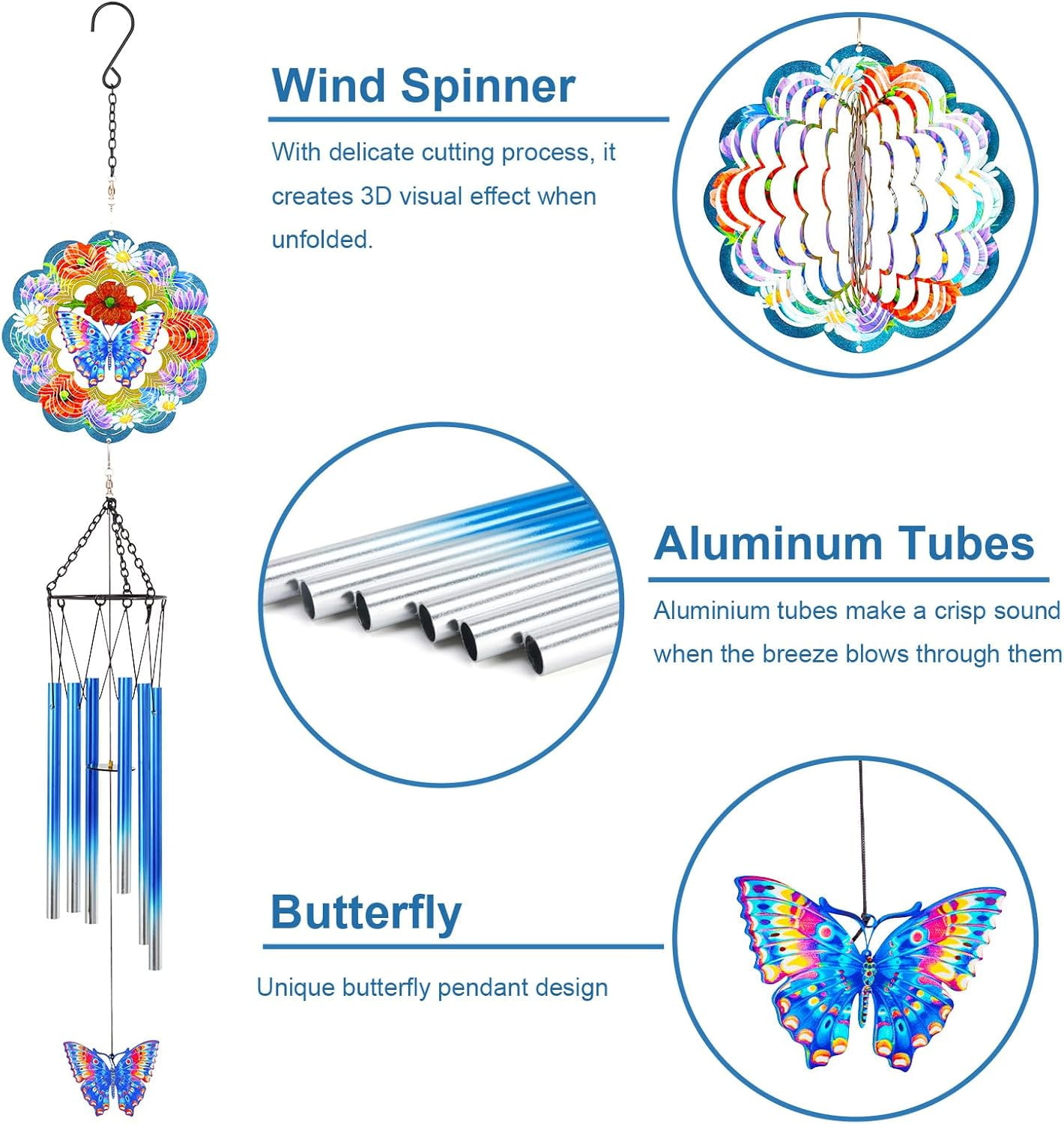 UKLL-Wind Chimes with Butterfly Wind Spinner Outdoor Metal 3D Hanging ...