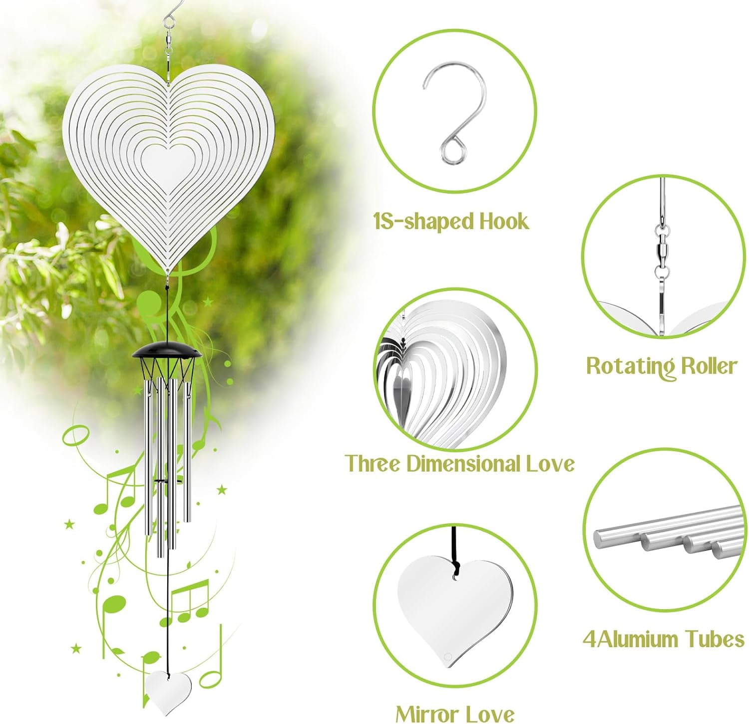 UKLL-Wind Chimes with Heart Wind Spinner, Outdoor Garden Decor Wind ...