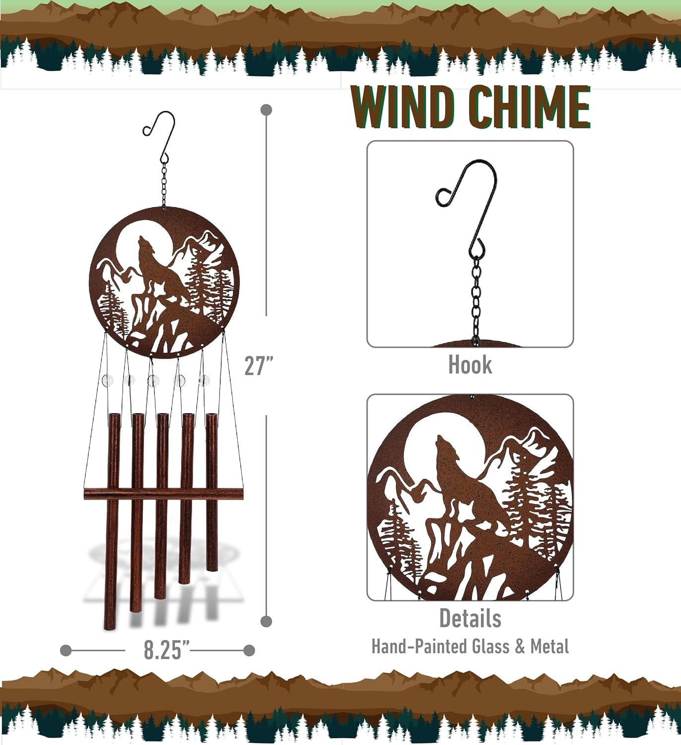 UKLL-Wolf Wind Chime - Handmade Glass and Metal Chime - Wolf Wild Life ...