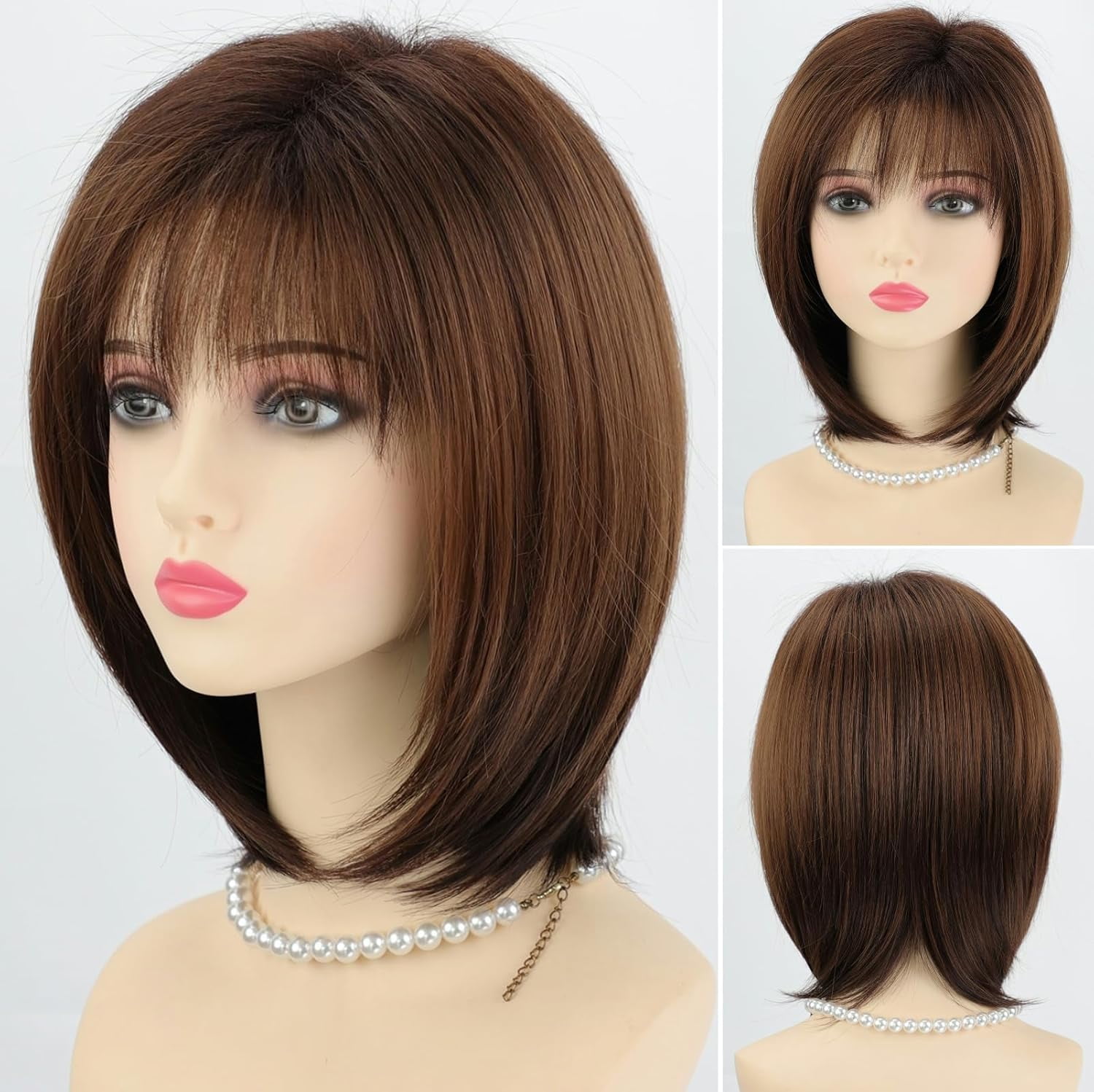 UKLL-Womens Layered Mid-length Ombre Brown Bob Wig with Bangs 12inch ...