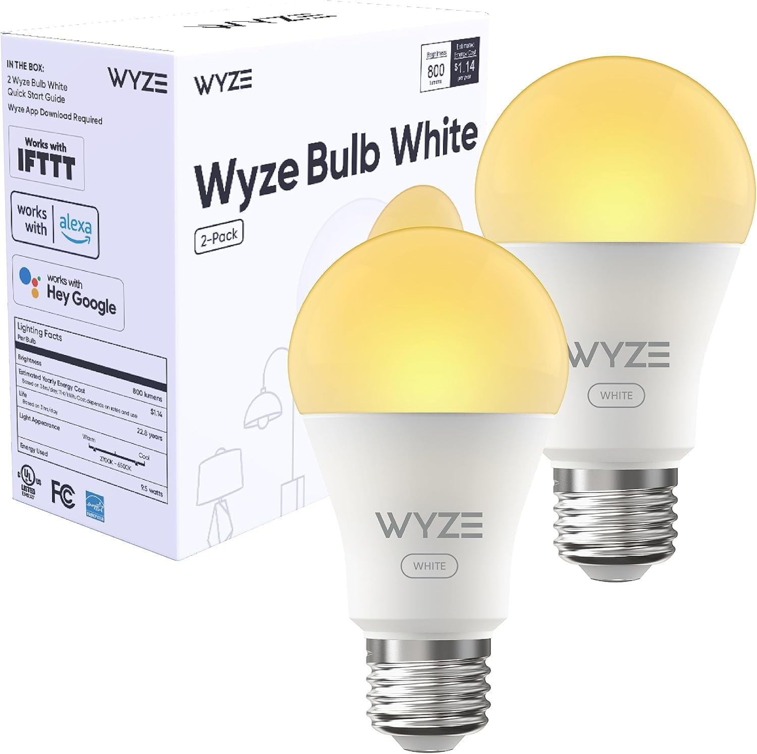UKLL-Wyze Bulb White, 800 Lumen, 90+CRI WiFi Tunable-White A19 Smart ...