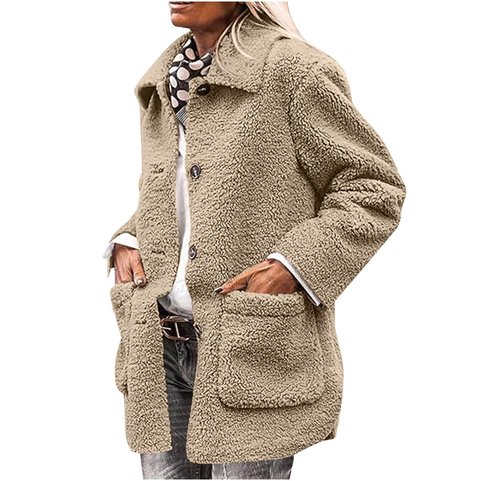 UKLSQMA Women's Solid Winter Faux Coat,Long Sleeve Lapel Fleece Jacket ...