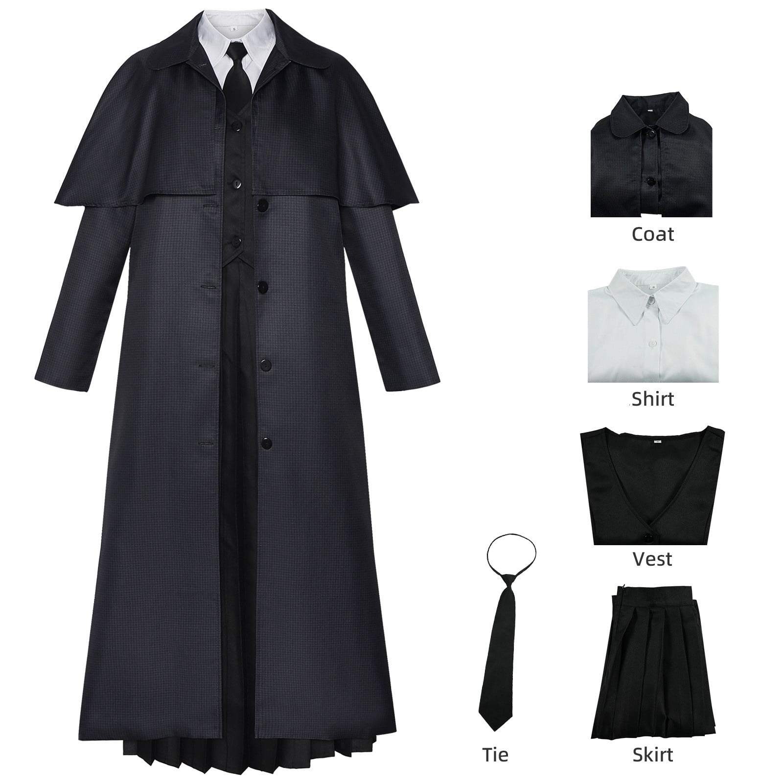 UKYIA Wednesday Addams Costume Set with Coat, Shirt, Vest, Skirt and ...