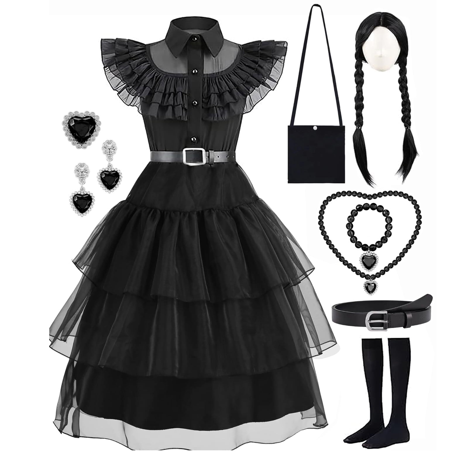 UKYIA Wednesday Addams Costume with Wig, Belt, Socks and Bag, Layered ...
