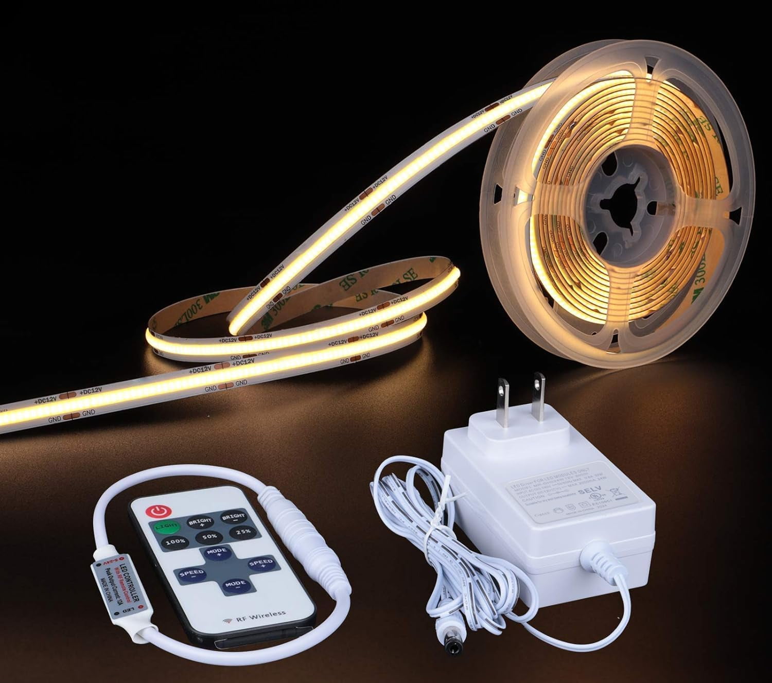 UL-Listed Warm White COB LED Strip Lights Kit,9.8ft Dimmable Bright ...