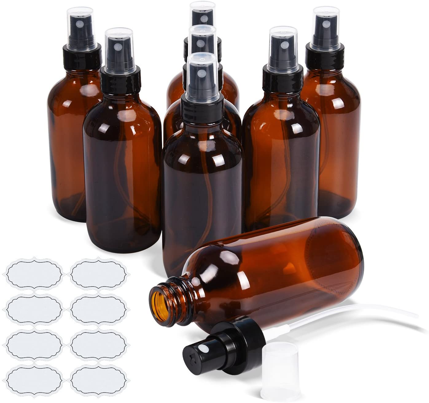 6 Amber 2oz Boston Round Glass Bottle Black Spray Fine Ribbed Mist ...