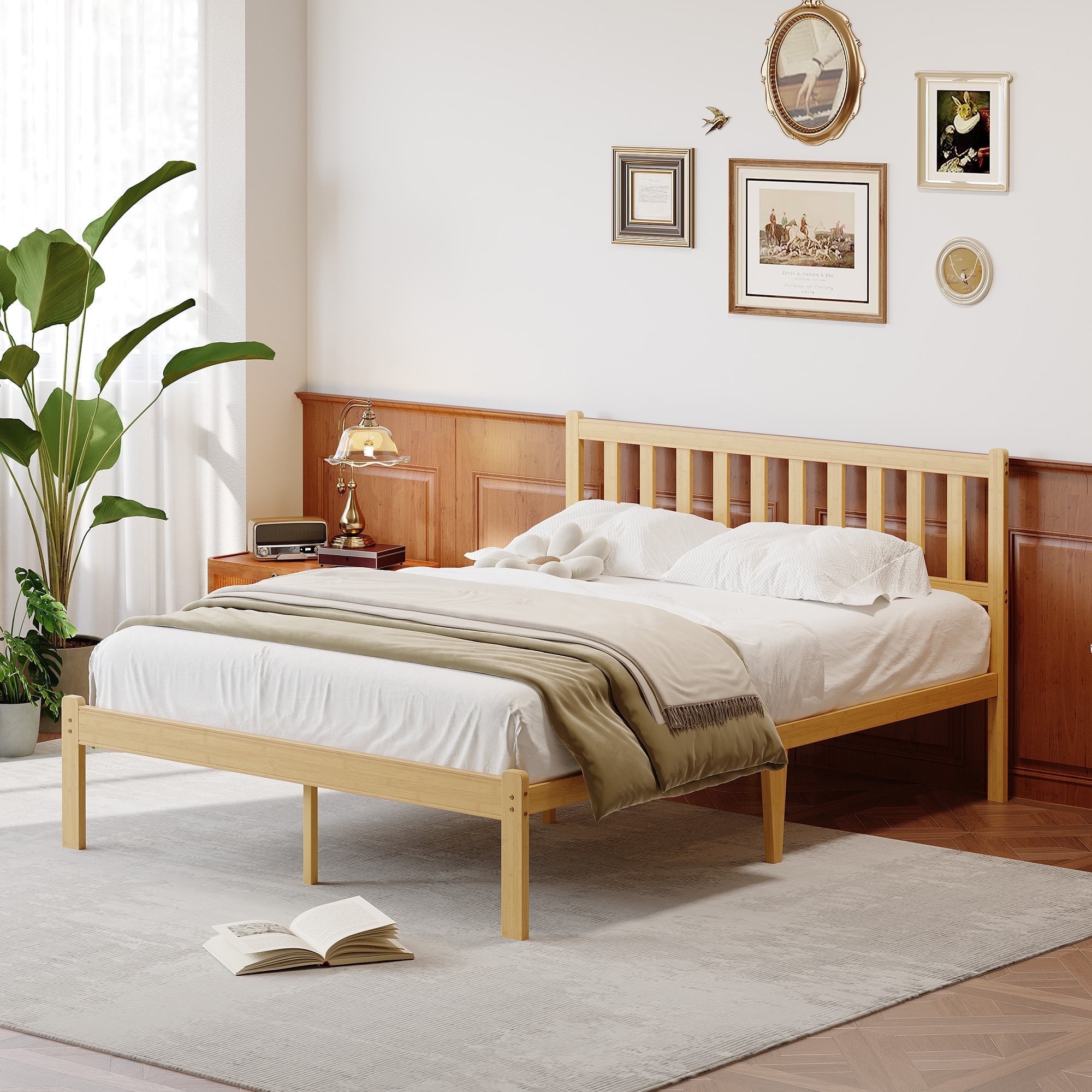 ULIESC 14 Inch Bamboo Wood Queen Bed Frame with Headboard, Queen Size ...