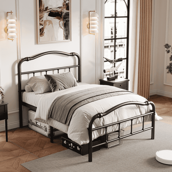 Black Metal Queen Bed Frame with Headboard and Footboard for Girls and ...