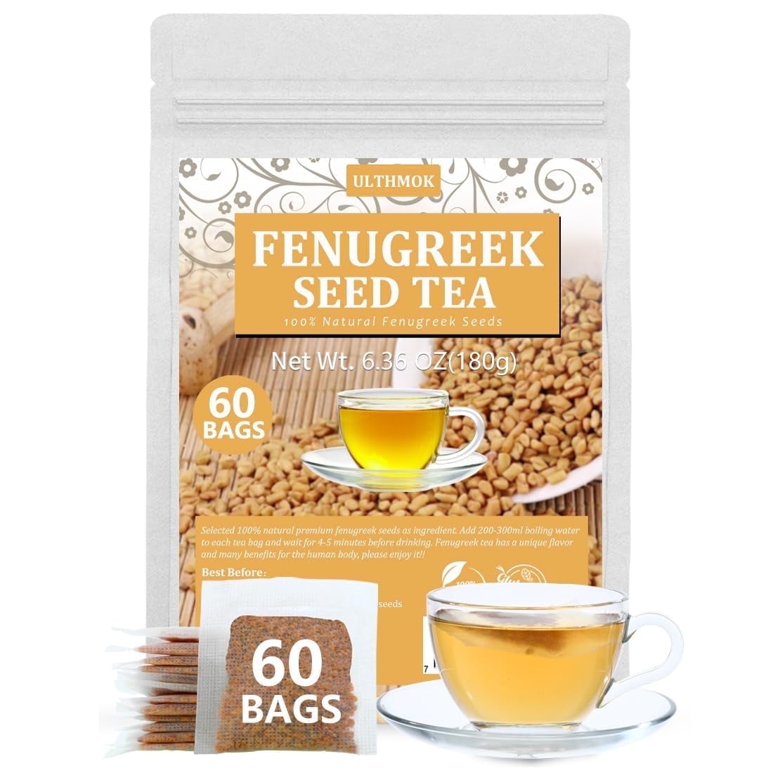 ULTHMOK Fenugreek Tea Bags, 100% Natural Fenugreek Seeds, 60 Caffeine ...