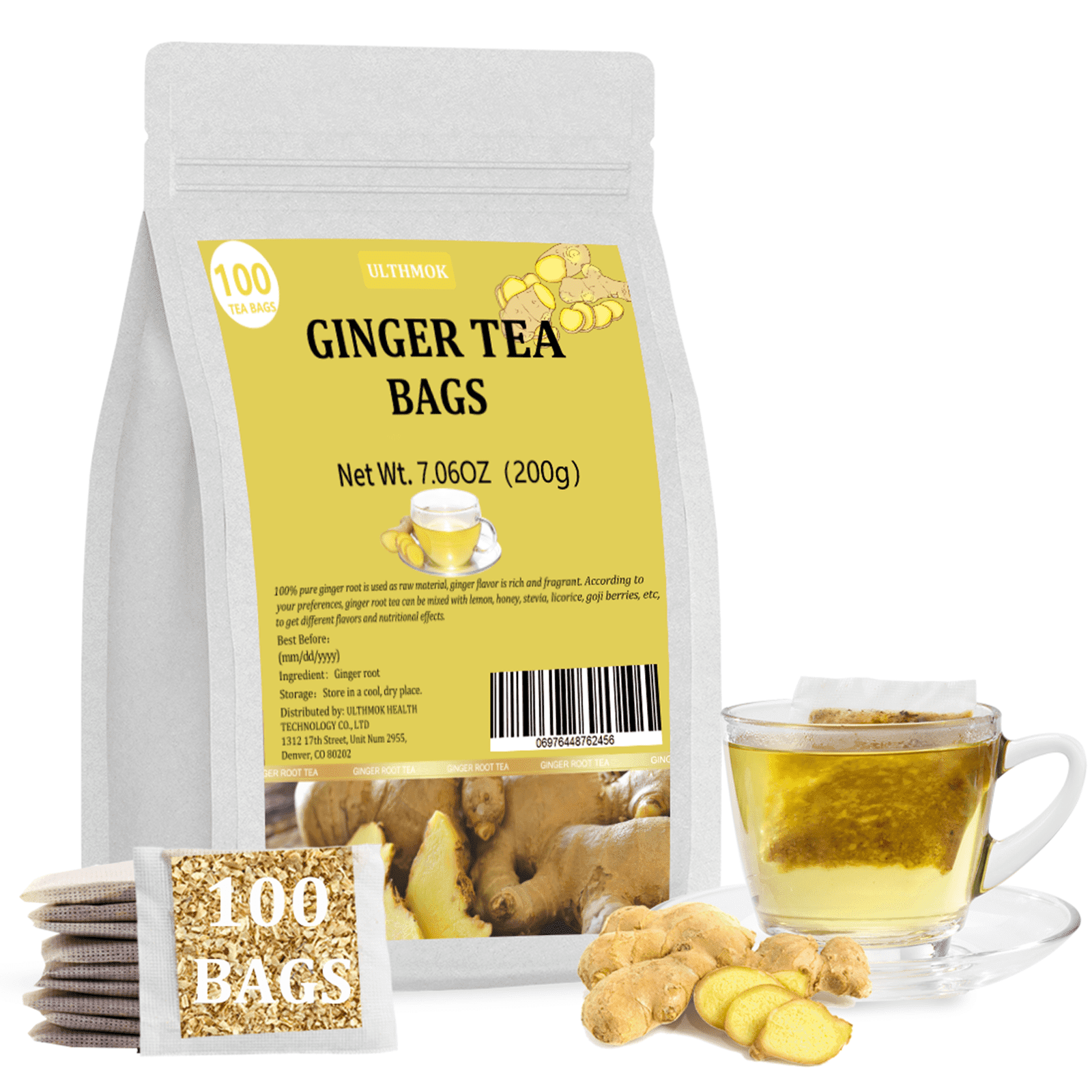 ULTHMOK Ginger Tea,100 Tea Bags,100% Pure Ginger Root - Walmart.com