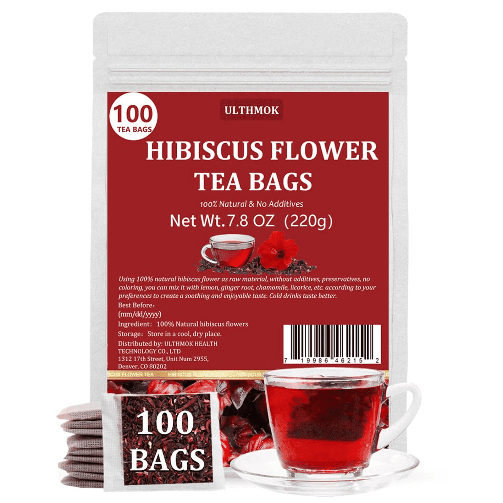 ULTHMOK Hibiscus Tea Bags 100 Pack 7.06 Oz Premium Dried Flowers for ...