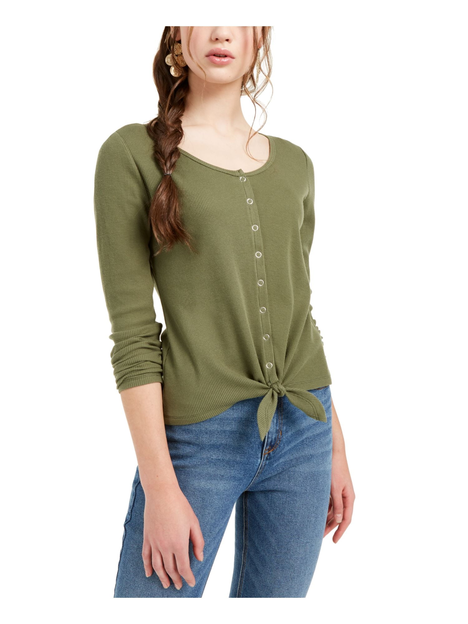 ULTRA FLIRT $19 Womens New Green Ribbed Tie Front Button Up Top S ...