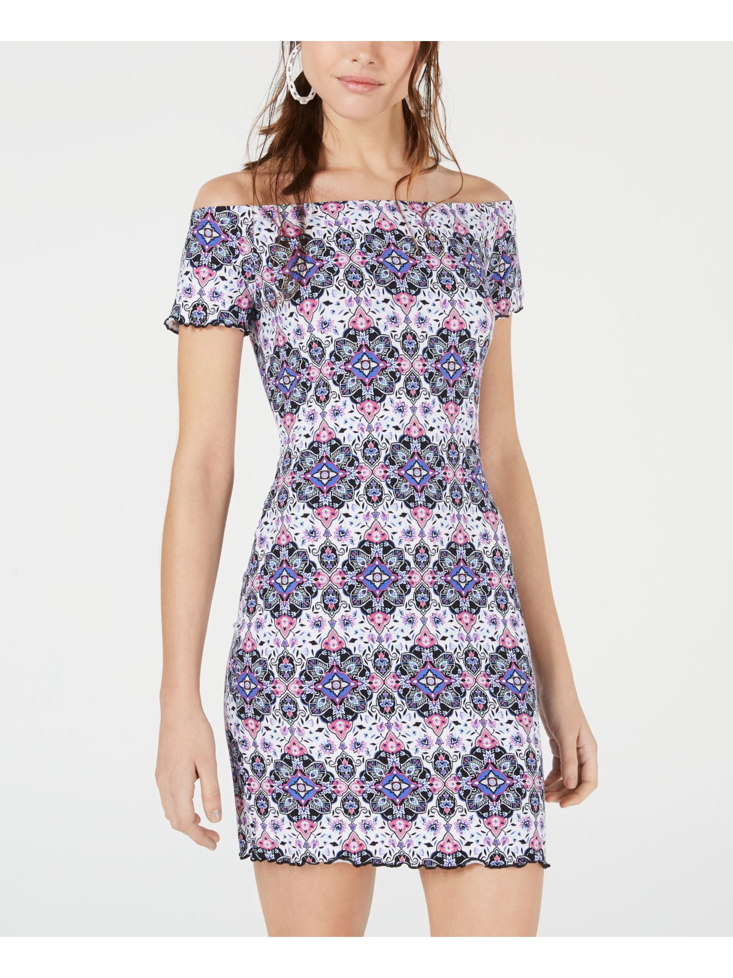 ULTRA FLIRT Womens Blue Floral Short Sleeve Off Shoulder Mini Body Con ...