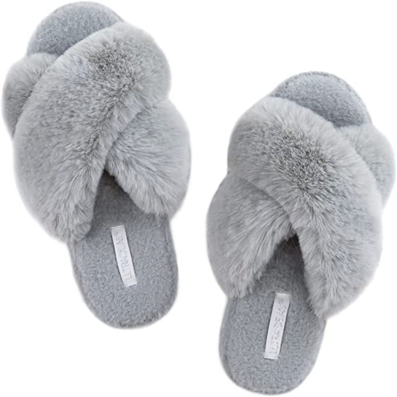 ULTRAIDEAS Women's Cross Band Fuzzy Fluffy House Shoes, Open Toe Slide ...