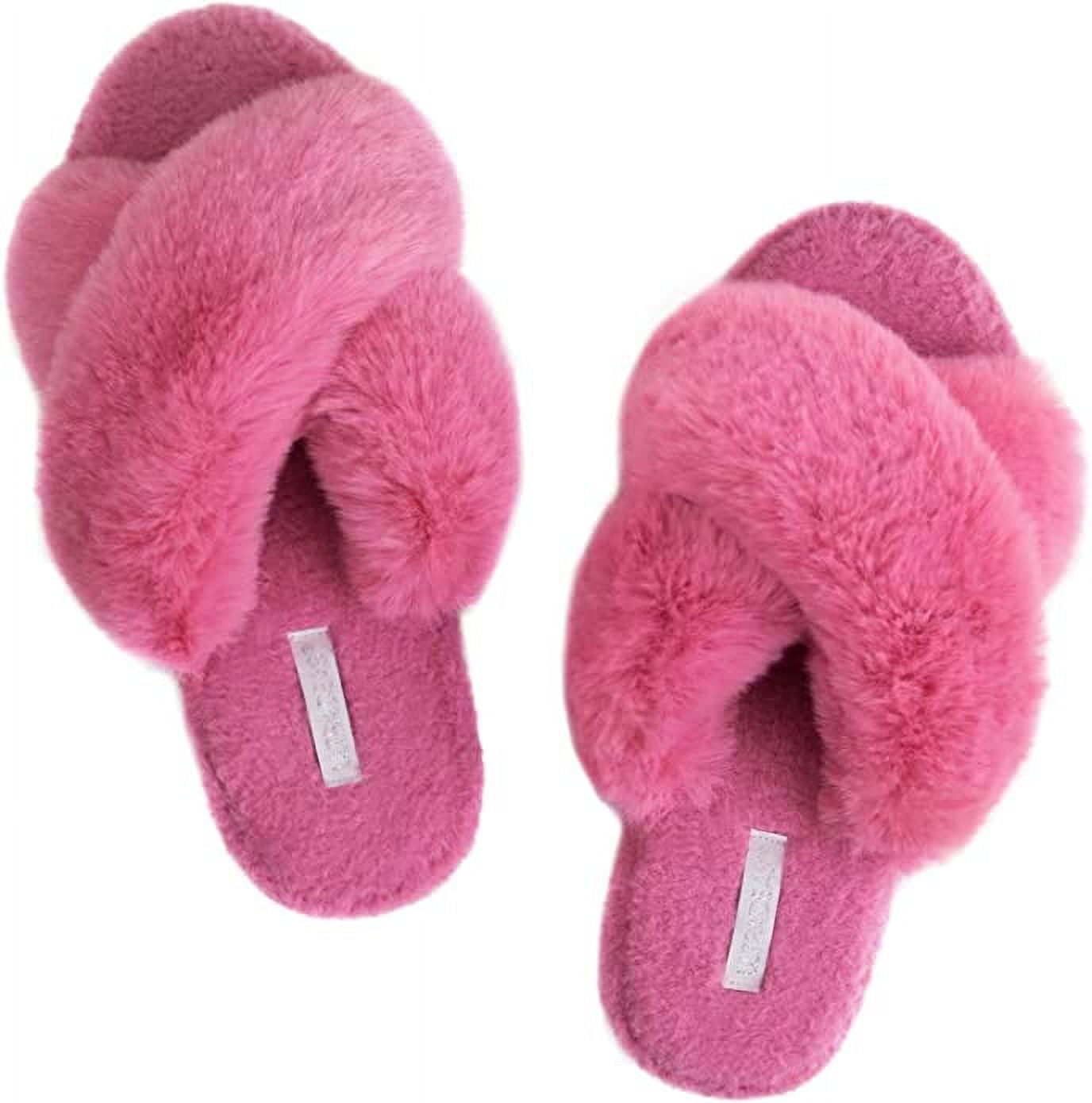ULTRAIDEAS Women's Cross Band Fuzzy Fluffy House Shoes, Open Toe Slide ...