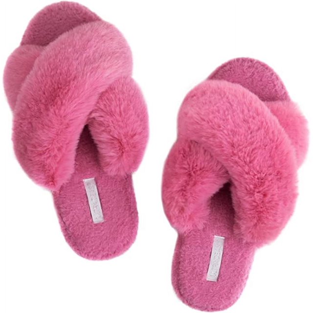 ULTRAIDEAS Women's Cross Band Fuzzy Fluffy House Shoes, Open Toe Slide Bedroom Slippers ...